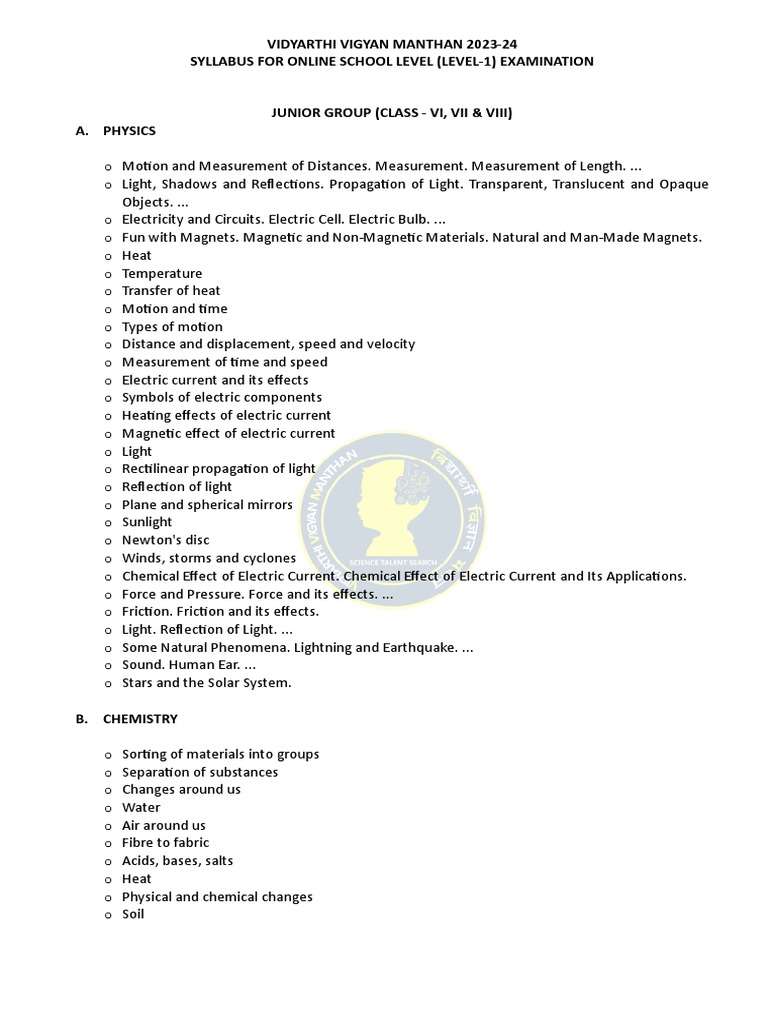 Final VVM 2023 24 Syllabus Junior Group | PDF | Light | Electric Current
