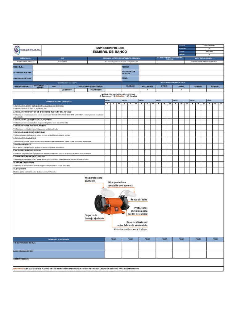 Fo-043-PSINEAC - ESMERIL DE BANCO Rev.00 | PDF Fo-043-PSINEAC - ESMERIL DE BANCO Rev.00 | PDF