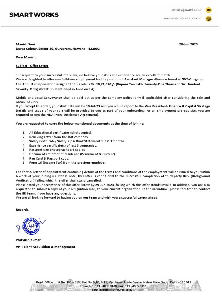 Manish Soni - Offer Letter | PDF | Business | Payments