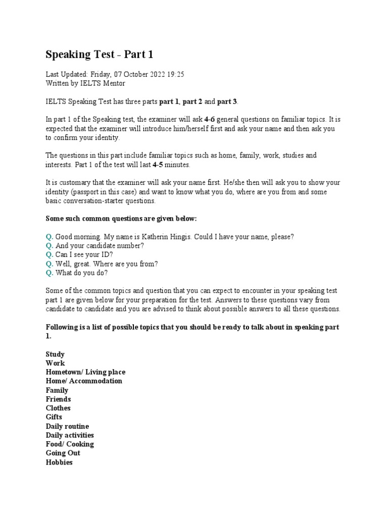 Speaking Test - Part 1 | PDF | Restaurants | Photograph