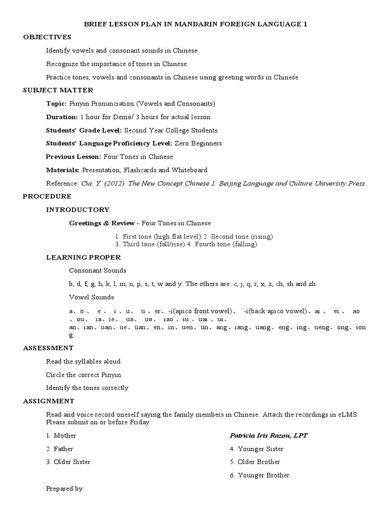 Brief Lesson Plan in Zero Mandarin Foreign Language 1 | PDF