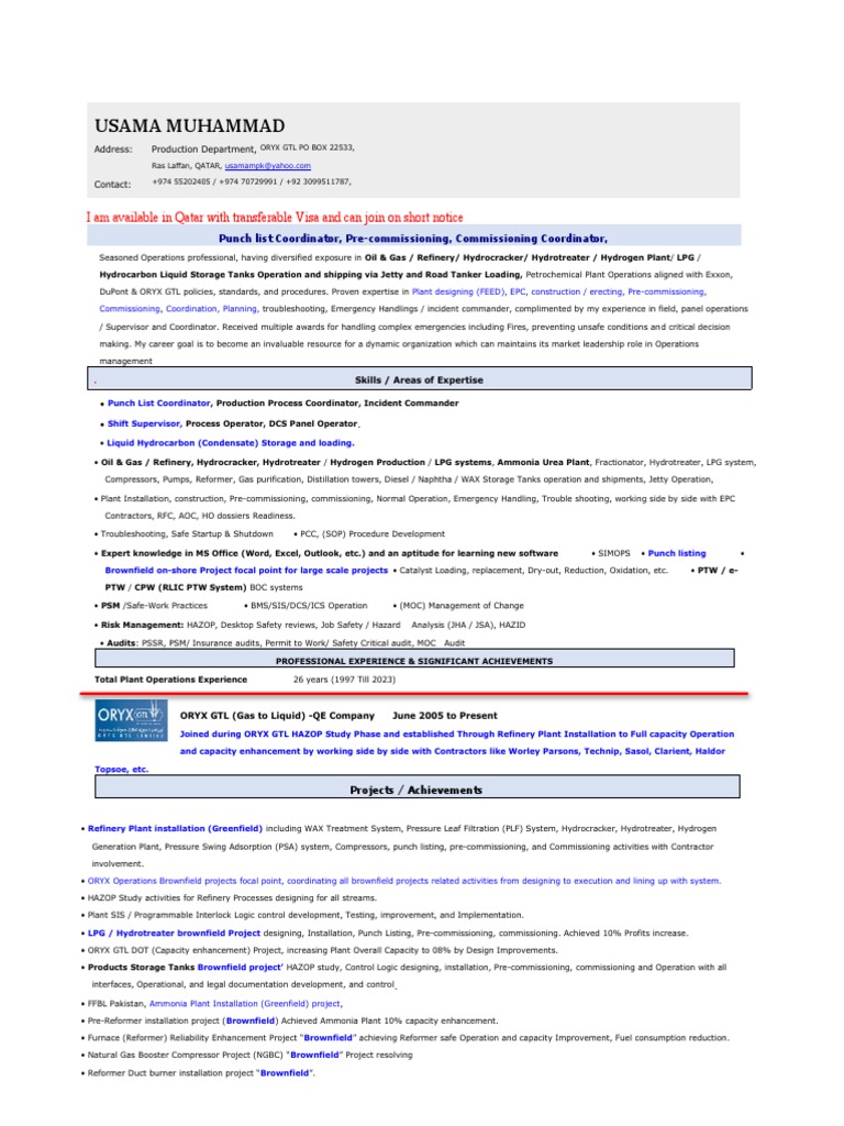 Usama CV Punch List Coordinator | PDF | Gas To Liquids | Cracking (Chemistry)