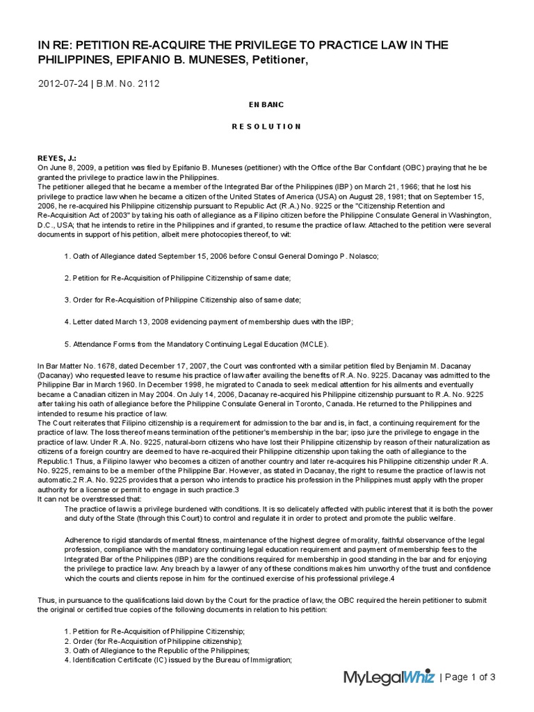 In Re Petition Re Acquire The Privilege To Practice Law in The ...