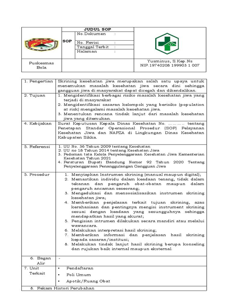 1 Sop Skrining Kesehatan Jiwa Fix | PDF | Pengembangan Diri | Kesehatan ...