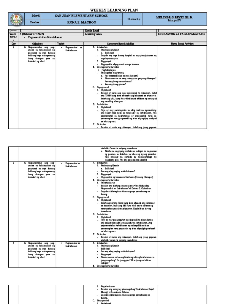 Q1-WEEK5-WLP-EsP 6 | PDF