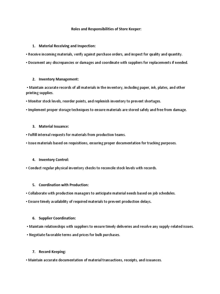 JD and Work Flow of STORE KEEPER | PDF