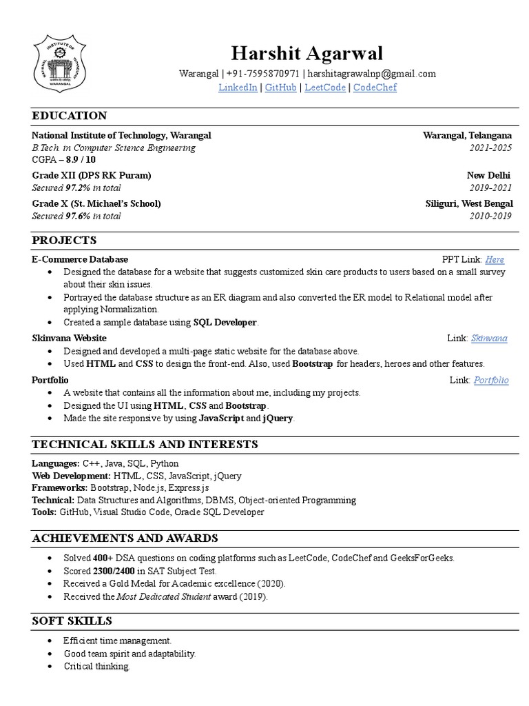 Harshit Agarwal Resume Nit Warangal | PDF