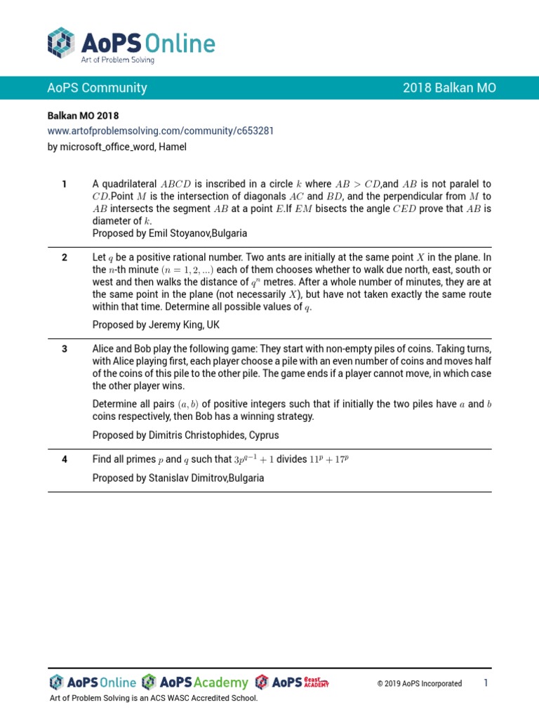 Aops Community 2018 Balkan Mo | PDF