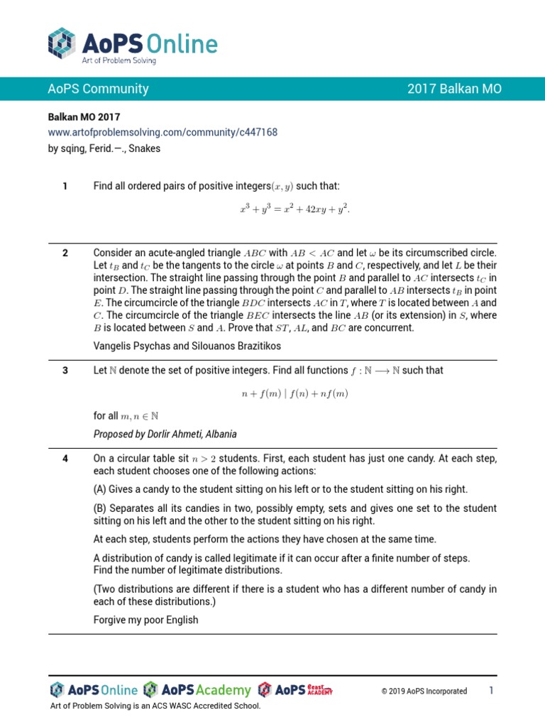 Aops Community 2017 Balkan Mo | PDF