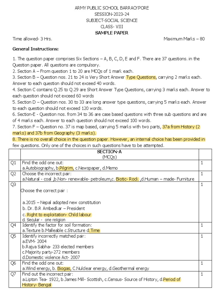 Class 8 - SST Sample Paper | PDF