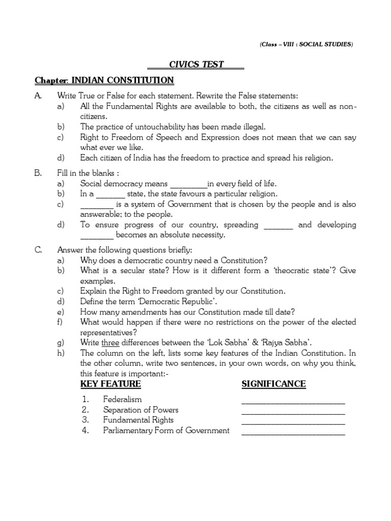 CBSE Class 8 Civics Worksheet - All Chapters | PDF | Constitution ...