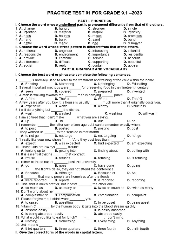 Grade 9.1 Practice Test 2023 | PDF | Bat | Literacy