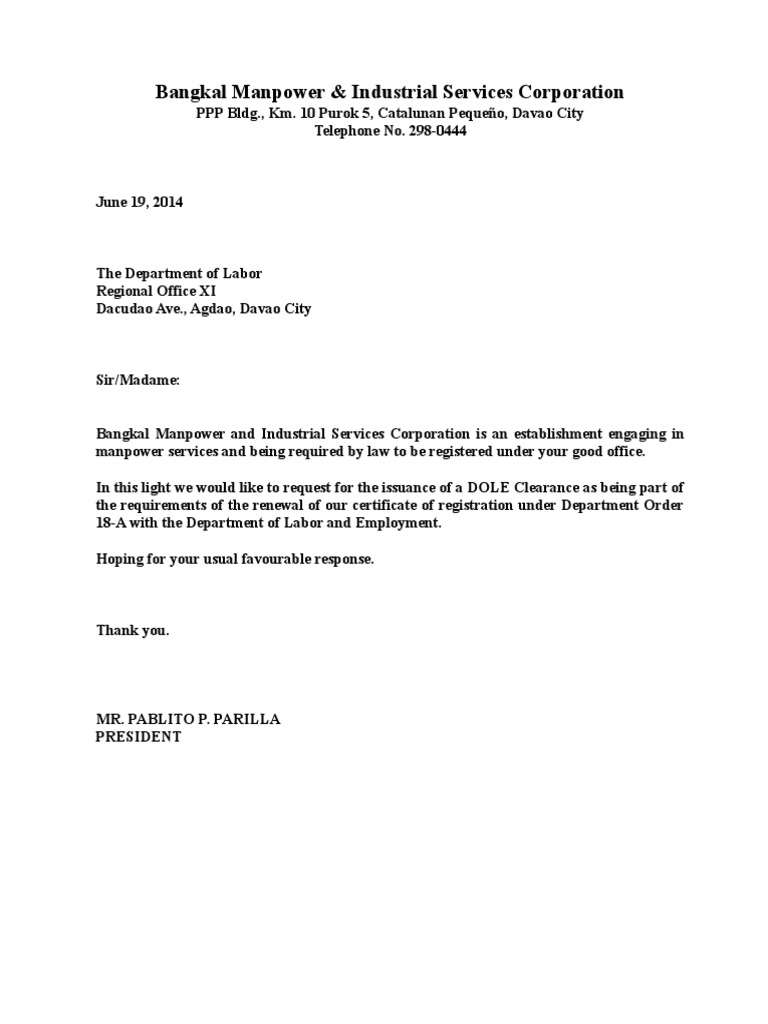 DOLE Clearance Request for Manpower Services | PDF