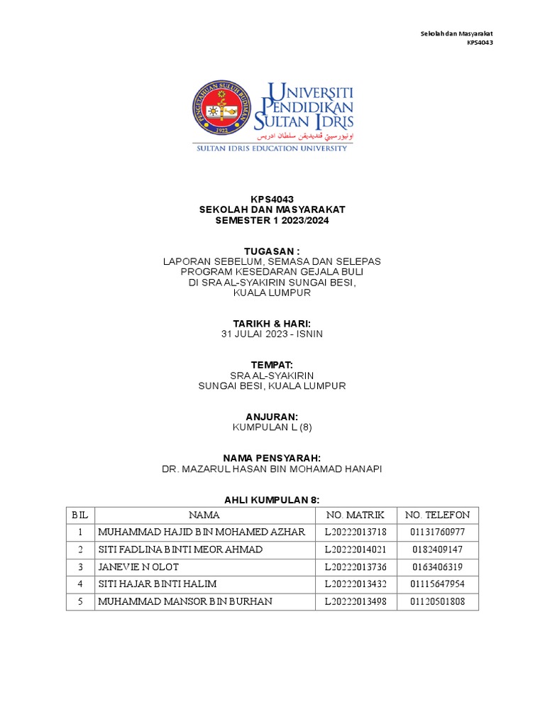 Laporan Program Kesedaran Buli SRA | PDF