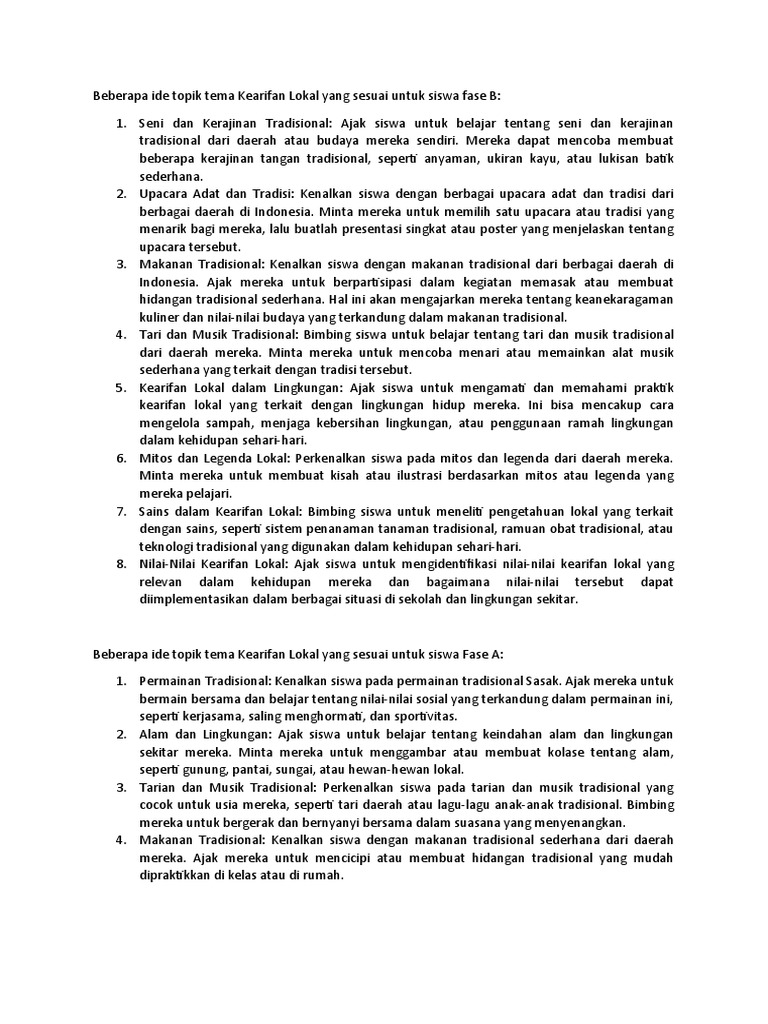 Beberapa Ide Topik Untuk Tema Kearifan Lokal Dan Gaya Hidup Berkelanjutan Untuk Fase A Dan B | PDF