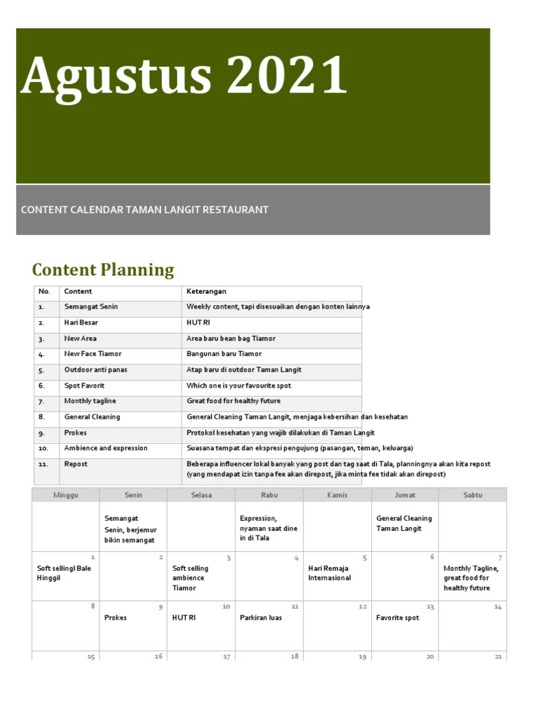 Content Calendar Agustus 2021 | PDF
