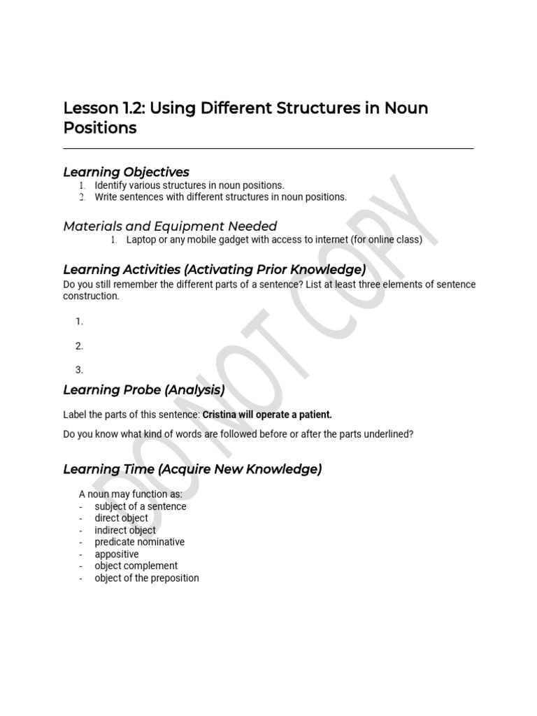 Lesson 1.2 Noun Positions | PDF | Preposition And Postposition ...