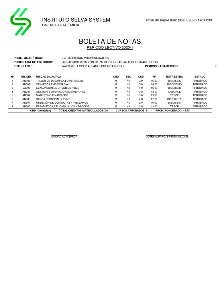 Boleta de Notas | PDF