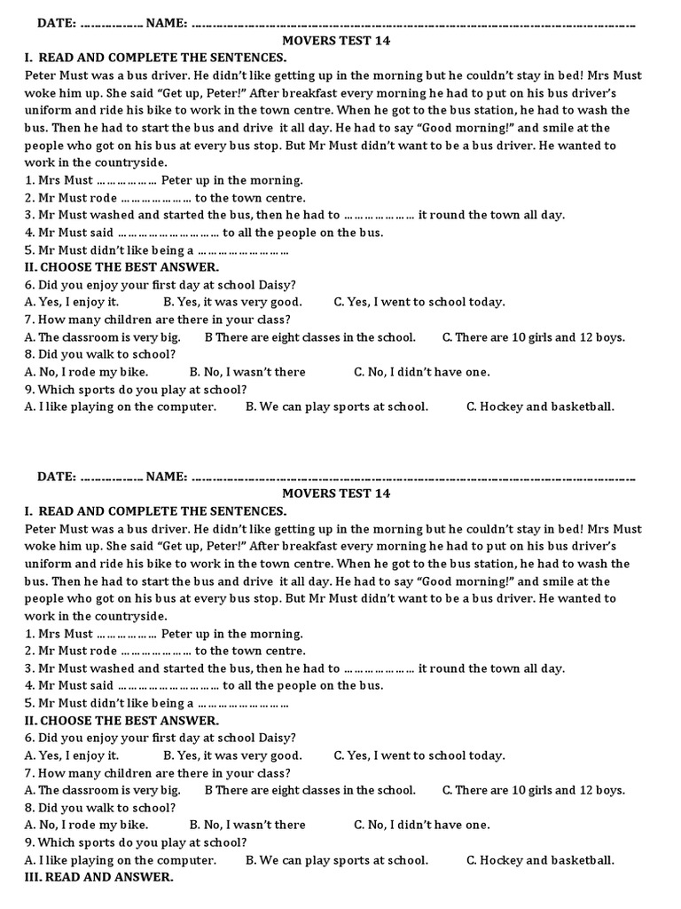 Movers Reading and Writing Test 2023 | PDF | Language Arts & Discipline