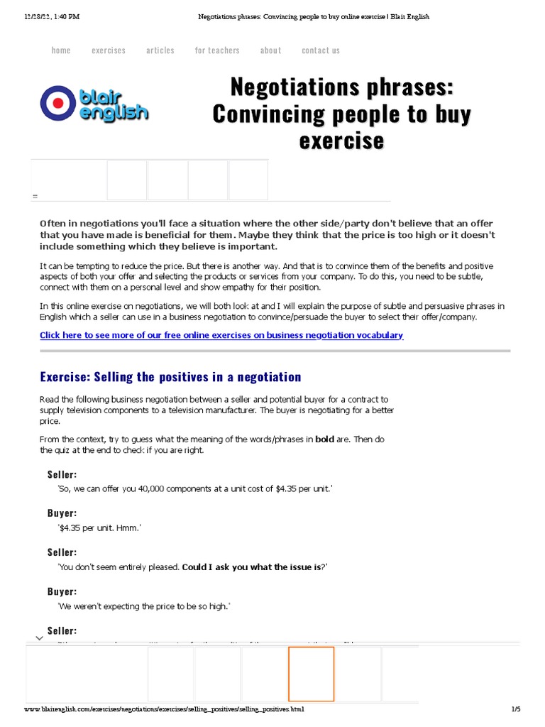 Negotiations Phrases - Convincing People To Buy Online Exercise - Blair ...