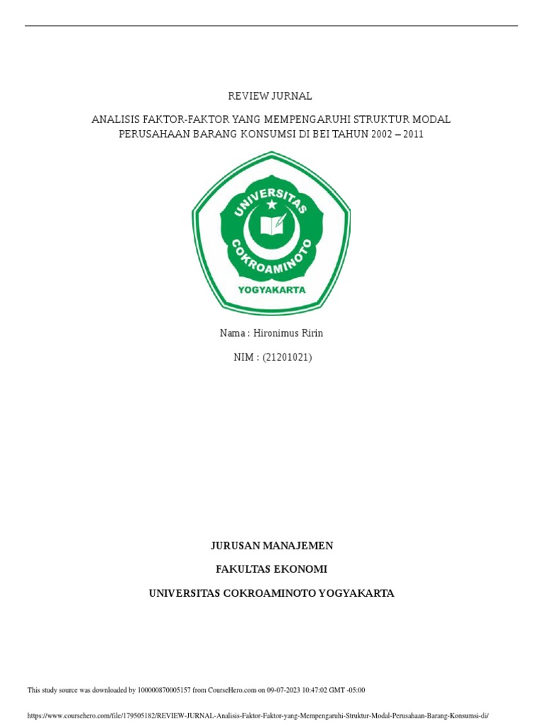REVIEW JURNAL Analisis Faktor Faktor Yang Mempengaruhi Struktur Modal Perusahaan Barang Konsumsi ...