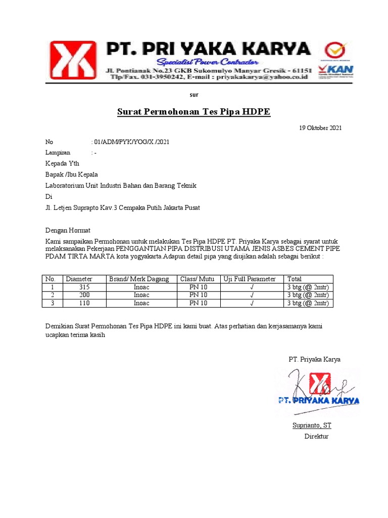 Surat Permohonan Pengetesan Pipa | PDF