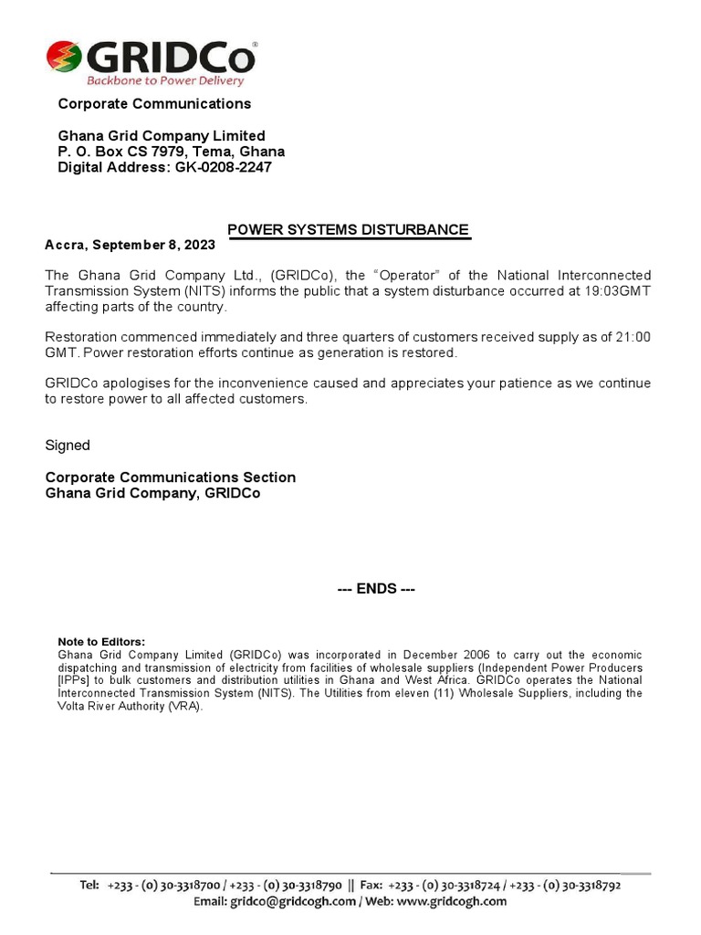GRIDCo STATEMENT-System Disturbance - Final Version - 8!9!2023 | PDF