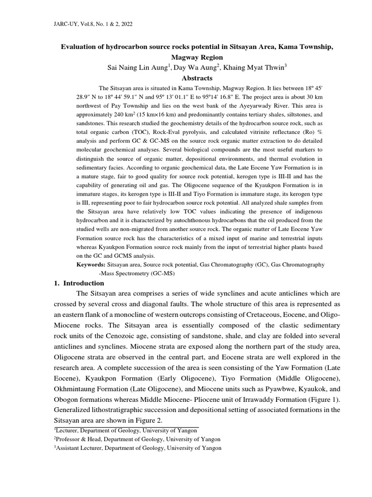 Evaluation of Hydrocarbon Source Rocks Potential in Sitsayan Area, Kama Township, Magway Region ...