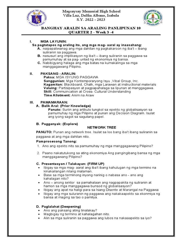 Banghay Aralin Sa Araling Panlipunan 10 QUARTER 2 - Week 3 - 4 | PDF