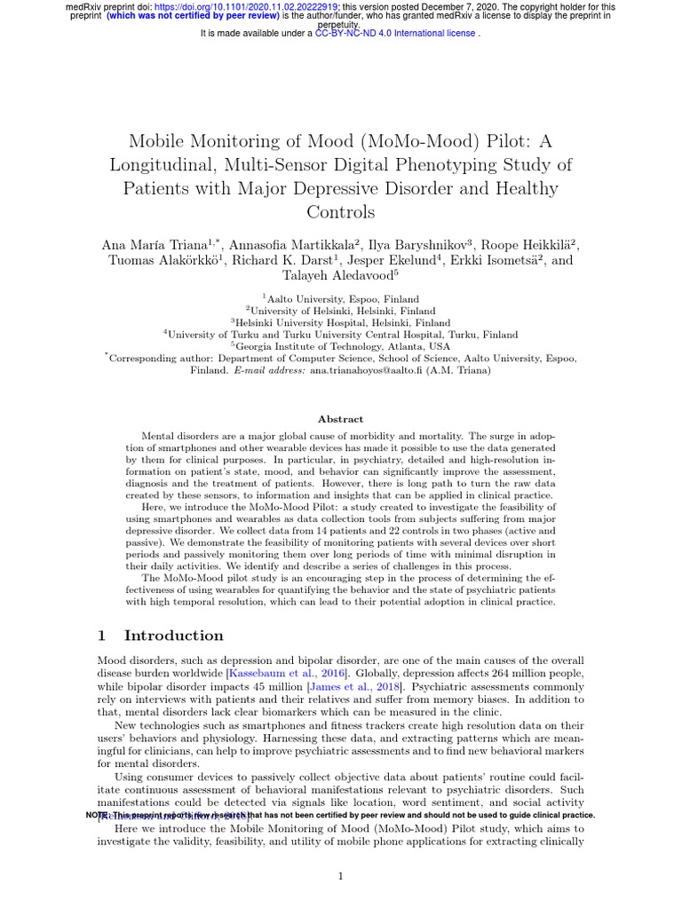 Mobile Monitoring of Mood (MoMo-Mood) Pilot - A Longitudinal, Multi ...