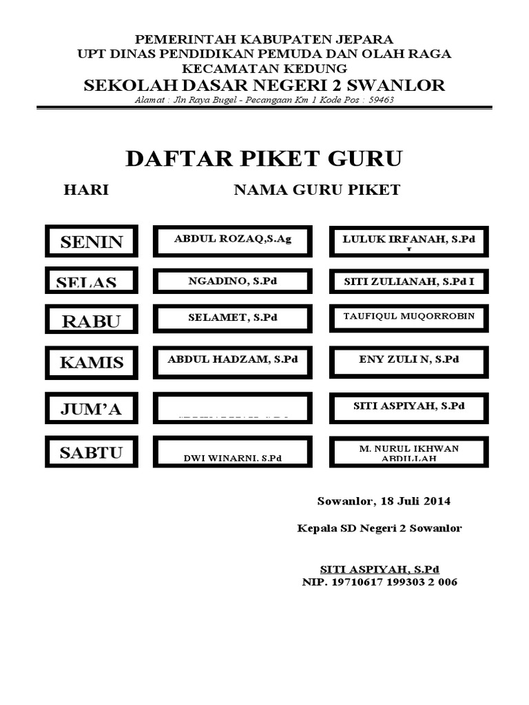 Daftar Piket Guru | PDF