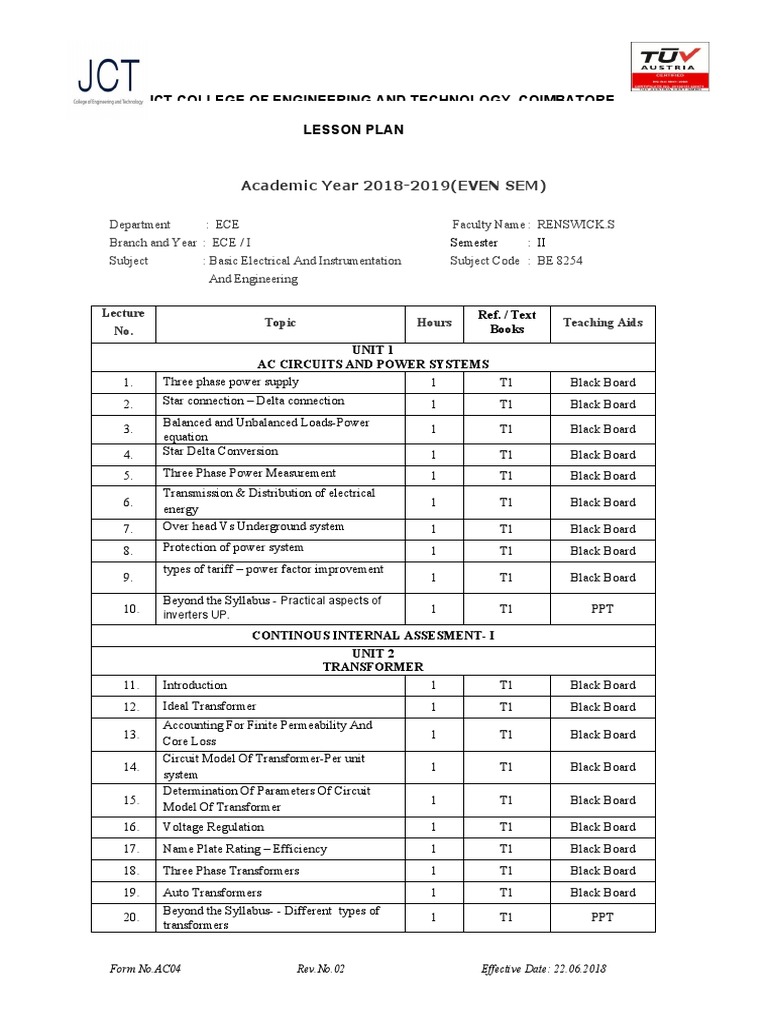 BE 8254 Lesson Plan New | Download Free PDF | Electric Motor | Transformer