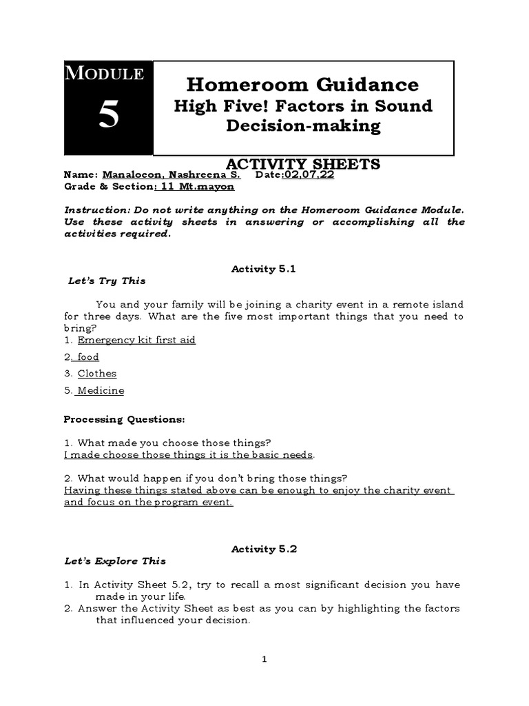 Homeroom Guidance Module 5 Activity 1 | PDF | Decision Making ...