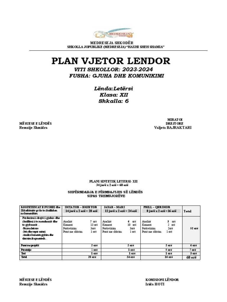 Plan Mesimor Letersi Baze 2023 2024 | PDF