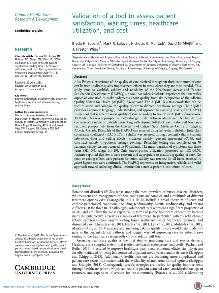 Validation of A Tool To Assess Patient Satisfaction Waiting Times Healthcare Utilization and ...