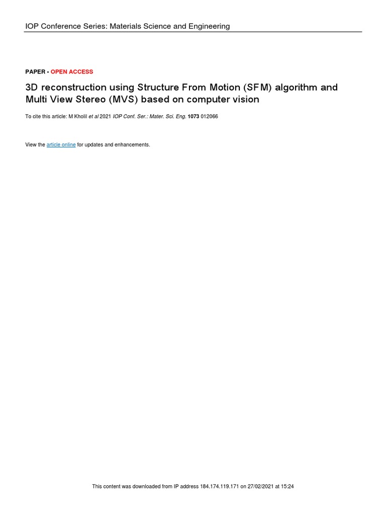 3d Reconstruction Using Structure From Motion Sfm Pdf 3 D Computer