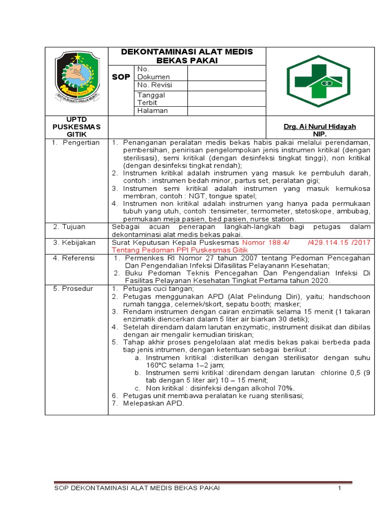 Sop Dekontaminasi Alat Medis | PDF