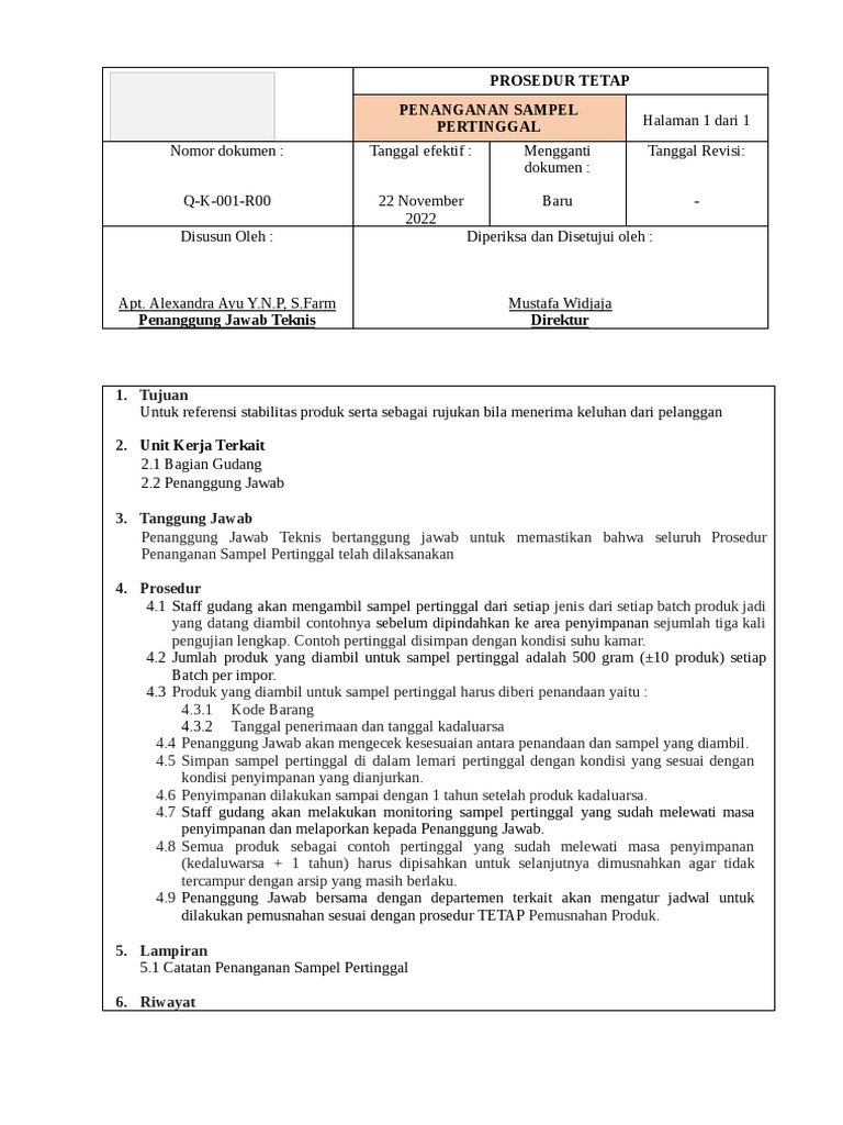 Sop Penanganan Sampel Pertinggal | PDF