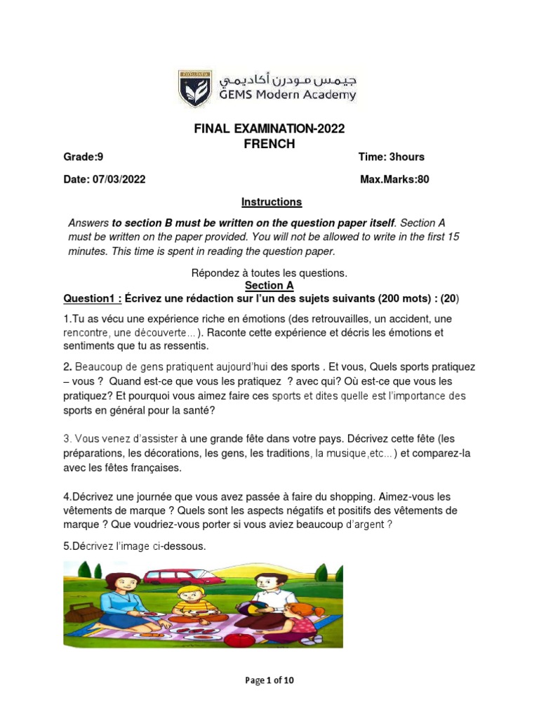 Gr. 9 - French Icse | PDF