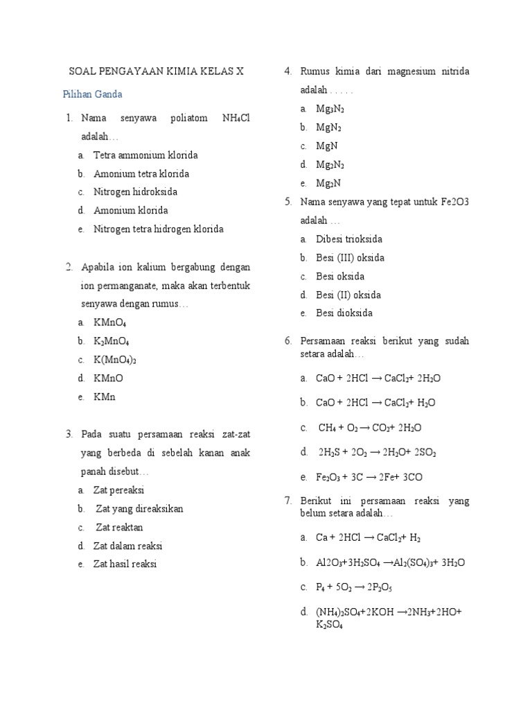 Soal Pengayaan Pas Kimia Les Kelas X | PDF