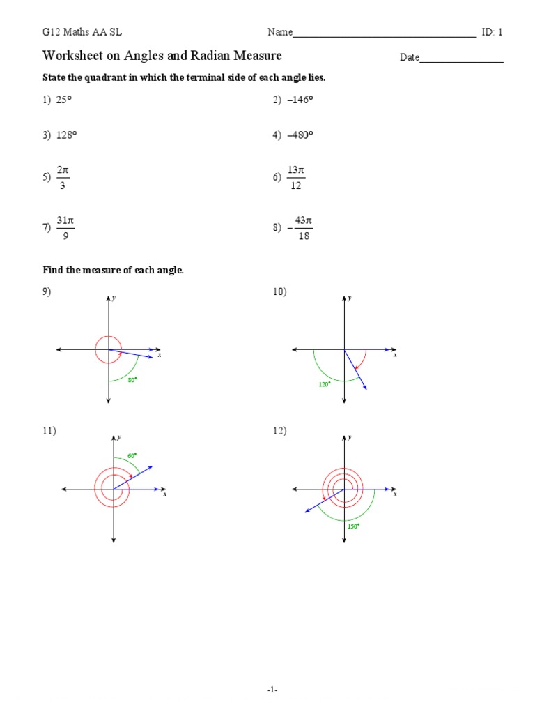Angles and Radian Measure Worksheet | PDF | Angle | Metrology