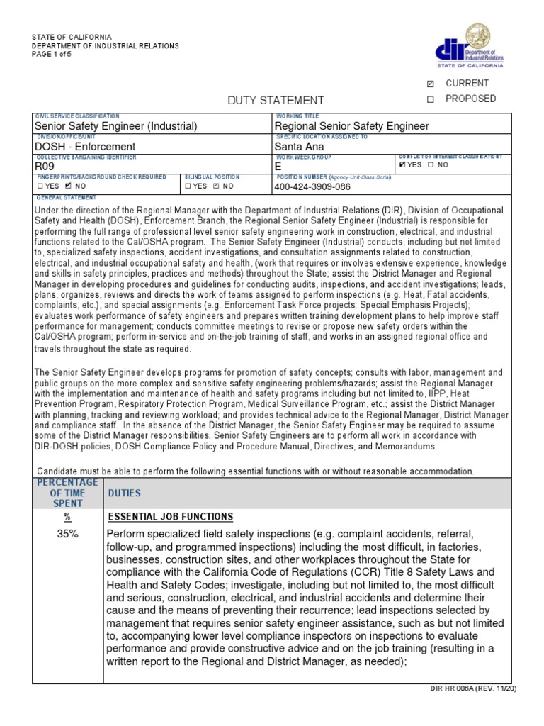 Duty Statement: State of California Department of Industrial Relations ...