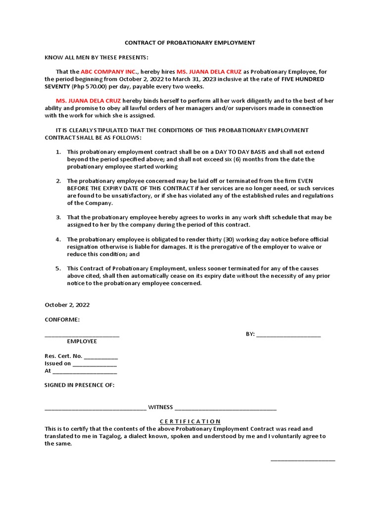 Probationary Contract - SAMPLE | PDF | Employment | Economies