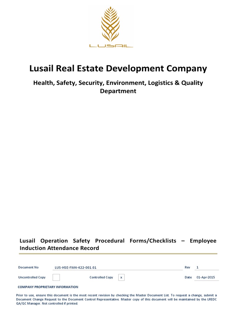 LUS-HSE-FM4-422-001.01 - Employee Induction Attendance Record | PDF