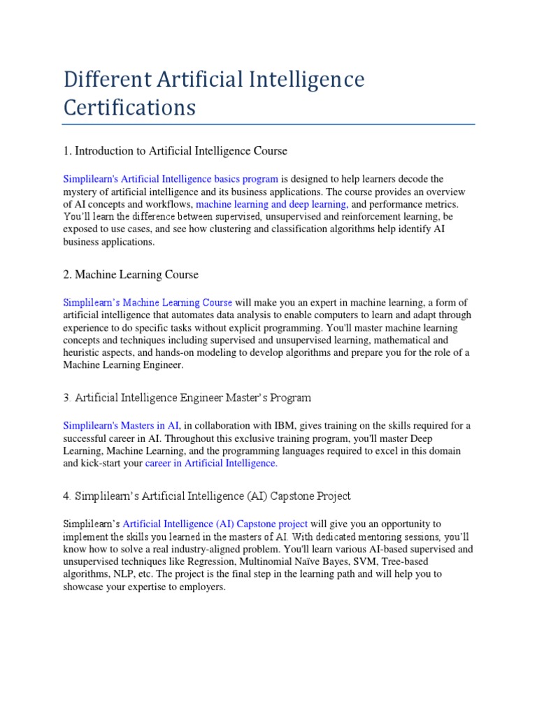 Differt Artificial Intelligence Courses | PDF