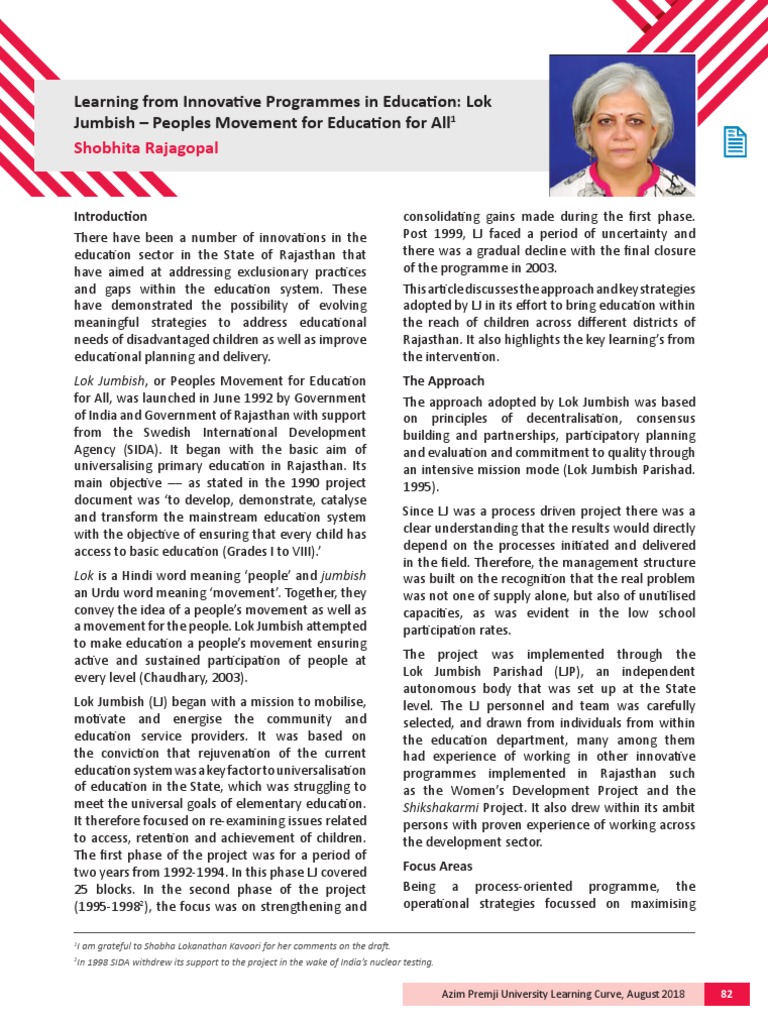 19 - Learning From Innovative Programmes in Education Lok Jumbish - Peoples Movement For ...