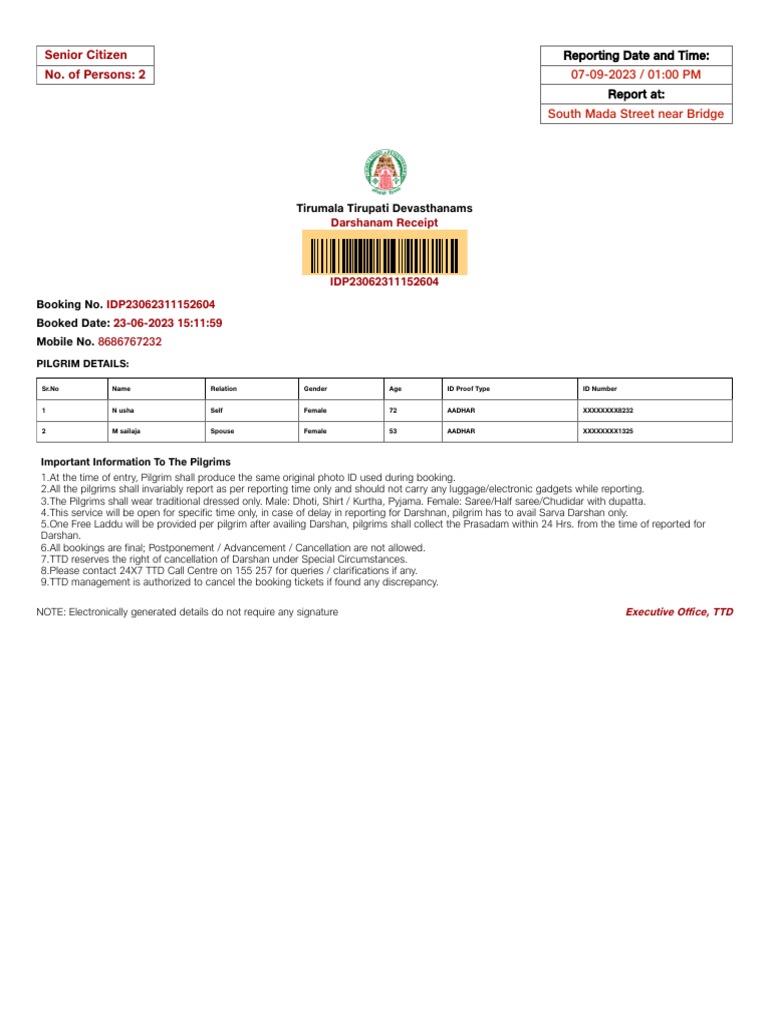 Tirupati Darshan Receipt Details | PDF | Indian Religions