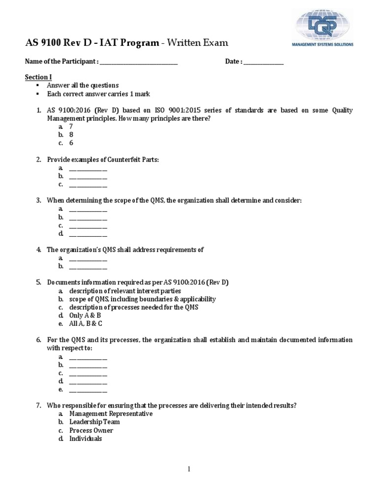AS 9100 Rev D - IAT Question Paper | PDF | Quality Management System ... AS 9100 Rev D - IAT Question Paper | PDF | Quality Management System ...