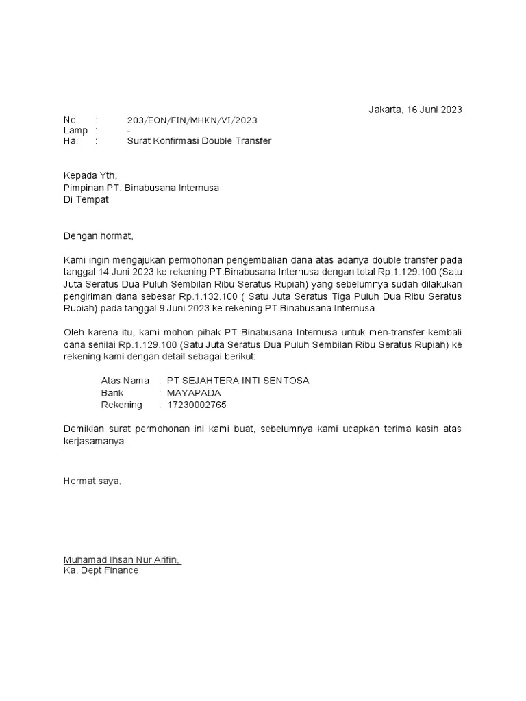 Template Surat Double Transfer | PDF