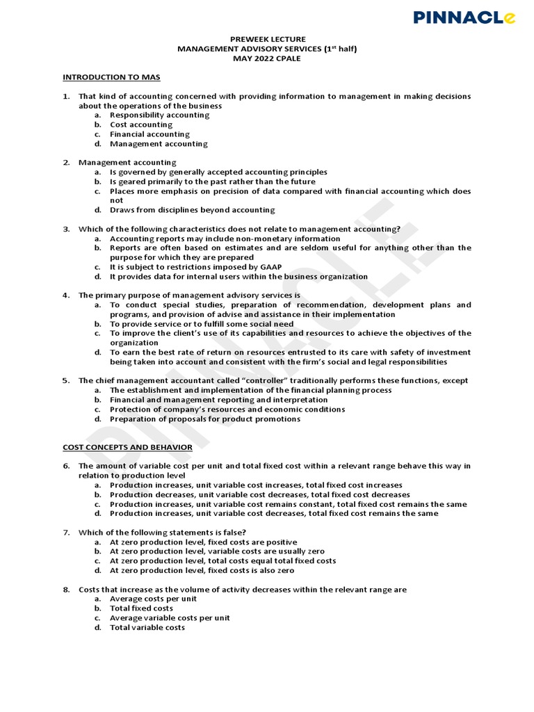 MAS (1) - PreWeek - May 2022 | PDF | Coefficient Of Determination | Management Accounting